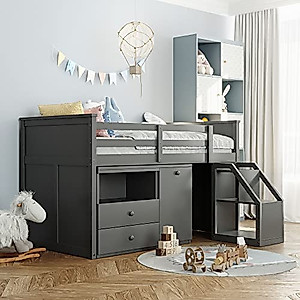 Twin Loft Bed for Kids, Low Study Wooden Loft Bed Frame with Movable Portable Desk and Storage Steps, Low Loft Bed for Kids, Teens (Gray)