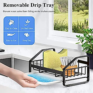 MEYONER Sink Caddy, Sponge Holder for Kitchen Sink, Sink Accessories, Dish Soap Holder Caddy for Countertop, 304 Stainless Steel with Removable Drain Pan for Sponge, Brush, Dish Soap Bottles(Black)