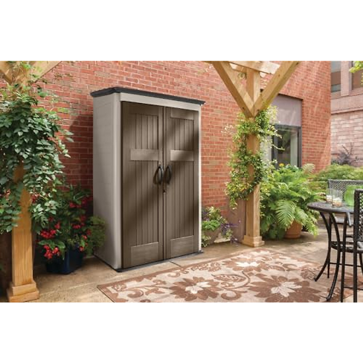 Rubbermaid Vertical Resin Outdoor Storage Shed, With Floor (4 x 2.5 Ft), Weather Resistant, Brown, Organization for Home/Backyard/Garden Tools/Porch/Patio Cushions/Pool Chemicals/Toys