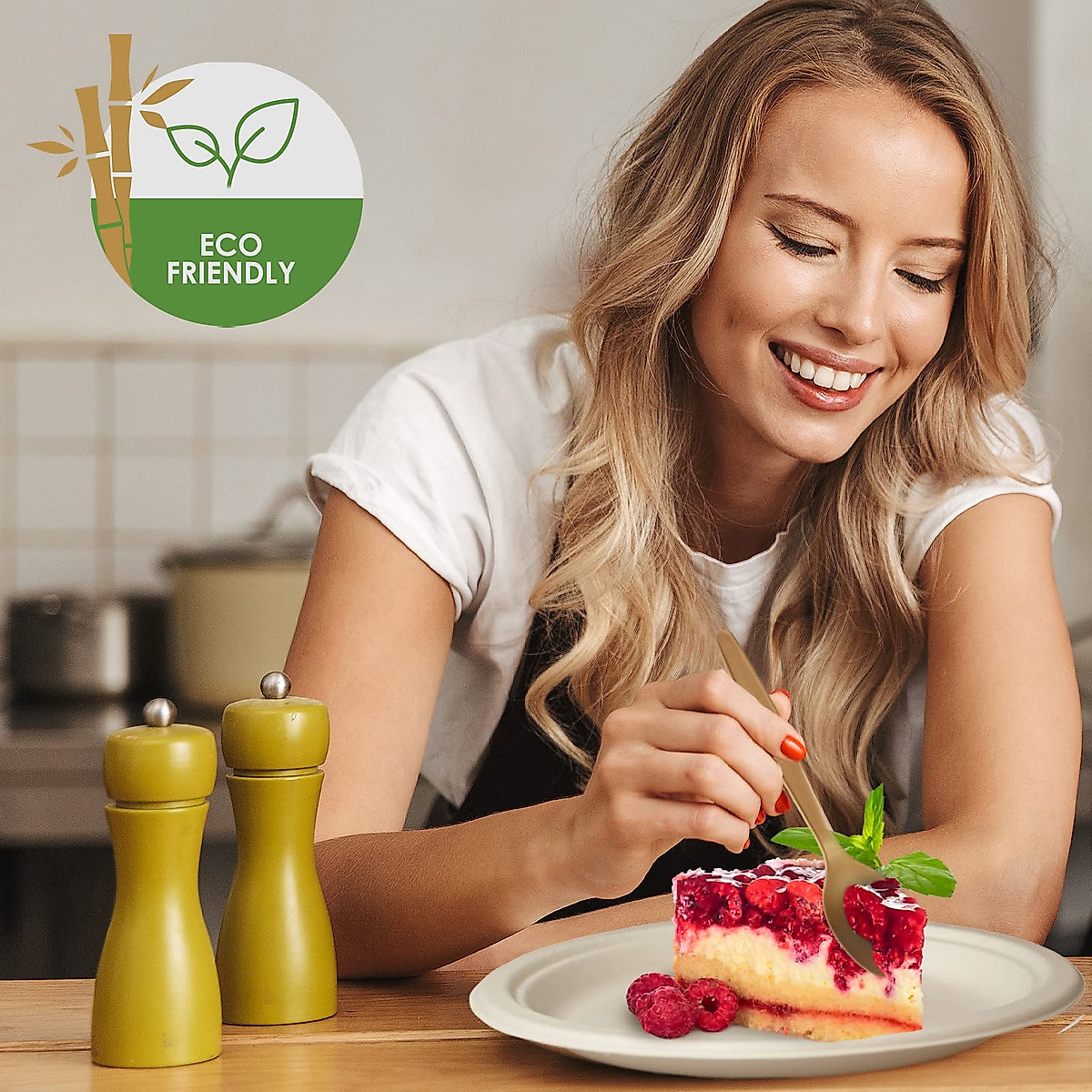 PAMI 250-Piece Eco-Friendly Disposable Dinnerware Set with Biodegradable Plates, Cutlery, Cups, Degradable Tableware for Parties and Events