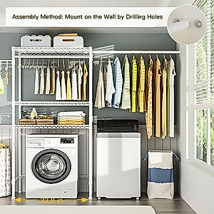 Ulif U4 Over Washer and Dryer Storage Shelf, 2 Rows Laundry Room Space Saver with Mounted on The Wall Expandable Hanger Rod, Suit Space from 4.9-6.3 ft. Width, 13.4" Depth, 79.3" Height, White
