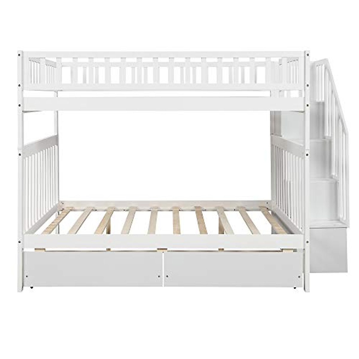 Full Over Full Bunk Beds, Solid Wood Full Bunk Beds with Two Drawers, Inner Bookcase and Stairway for Kids and Teenages, White