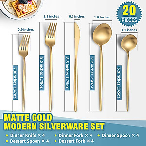 Lemeya Matte Gold Silverware Set,Modern Stainless Steel Flatware Set,20 Pieces Cutlery Set Service for 4,Tableware Utensil Set for Home and Restaurant, Satin Finish, Dishwasher Safe
