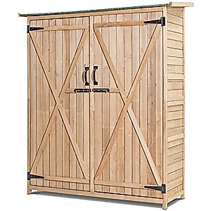 GRAFFY Outdoor Storage Shed, Wooden Garden Tools Cabinet with 2 Lockable Doors and Handles, Organizer Cabinet with Tilted Asphalt Roof, for Outside Garden and Yard