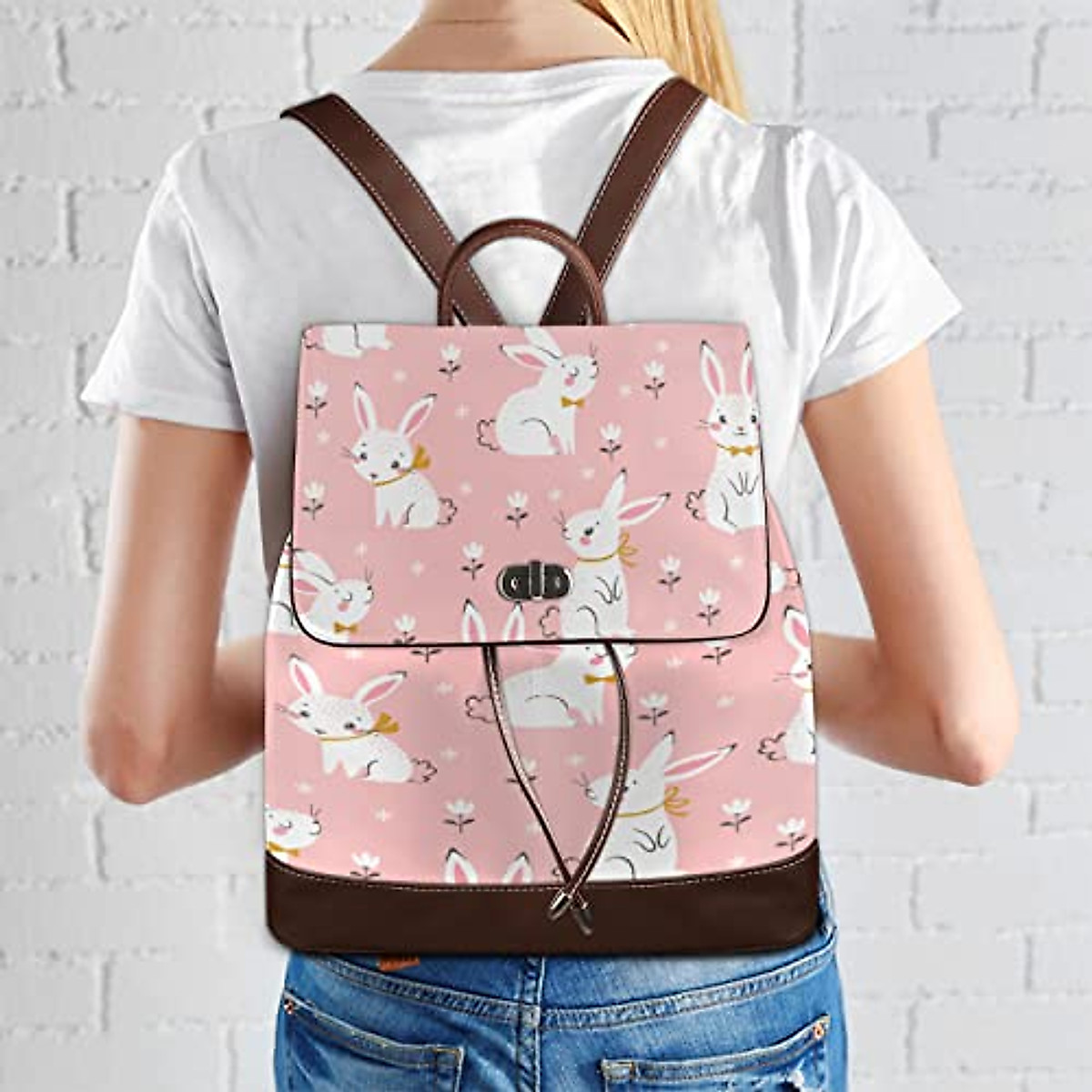 Cute Rabbit PU Leather Backpack Purse, Bunny Flower Shoulder Rucksack College School Bookbag Travel Daypack for Women Ladies