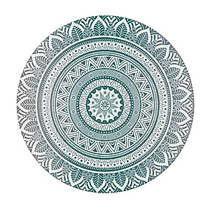 WILL BUDXEG Teal Grey Boho Modern Mandala Turquoise Round Fitted Table Cover Elastic Edge Circle Tablecloth for Outdoor Dining Party Holiday Fits Table up 45"-50" Diameter