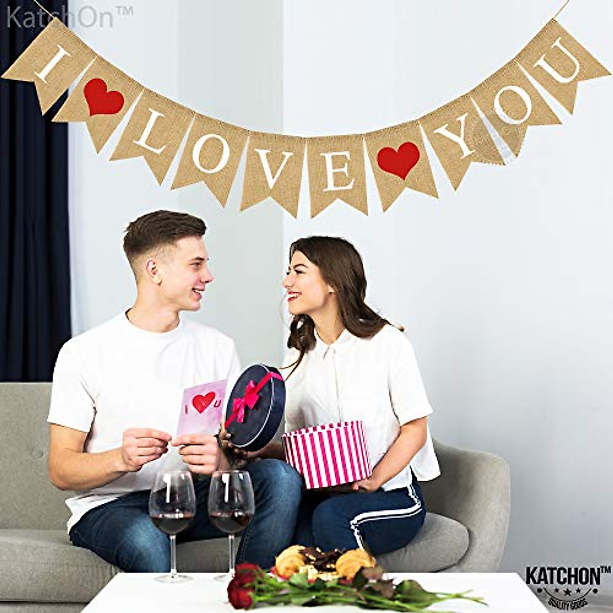 Cute, I Love You Banner - 10 Feet, No DIY | Happy Valentines Day Banner | Burlap I Love You Sign With I Love You Decorations for Him | Romantic Decorations Special Night for Him | Kissing Booth Sign