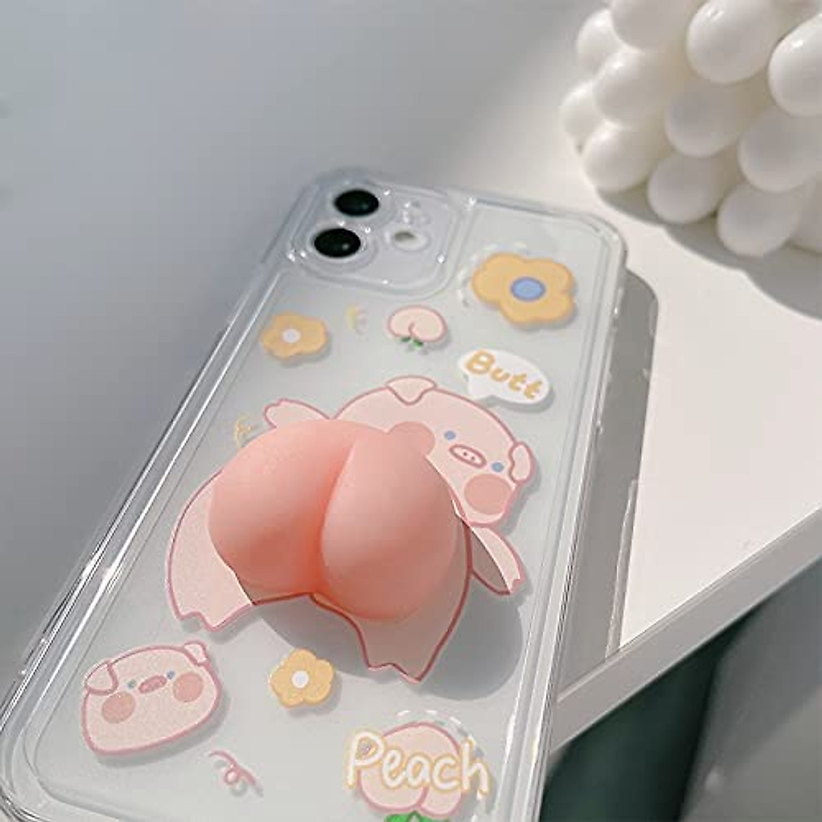 BONTOUJOUR Phone Case for iPhone 14 Pro Max, Funny Novelty Waving 3D Squeezable Peach Butt Piggy Pattern Happy Pig Case Transparent Soft TPU Silicone Rubber Case Help Relax