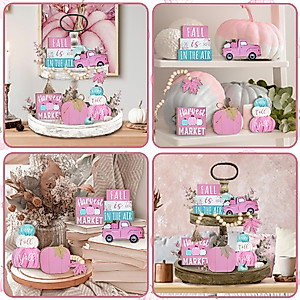 Guoofu Pink Fall Tiered Tray Decor, Farmhouse Pumpkin Tray Decorations, Cute Pumpkin Trucks Maple Leaf Wooden Signs Beads Garland, Autumn Thanksgiving Harvest Home Decor for Tabletop Shelf Mantel