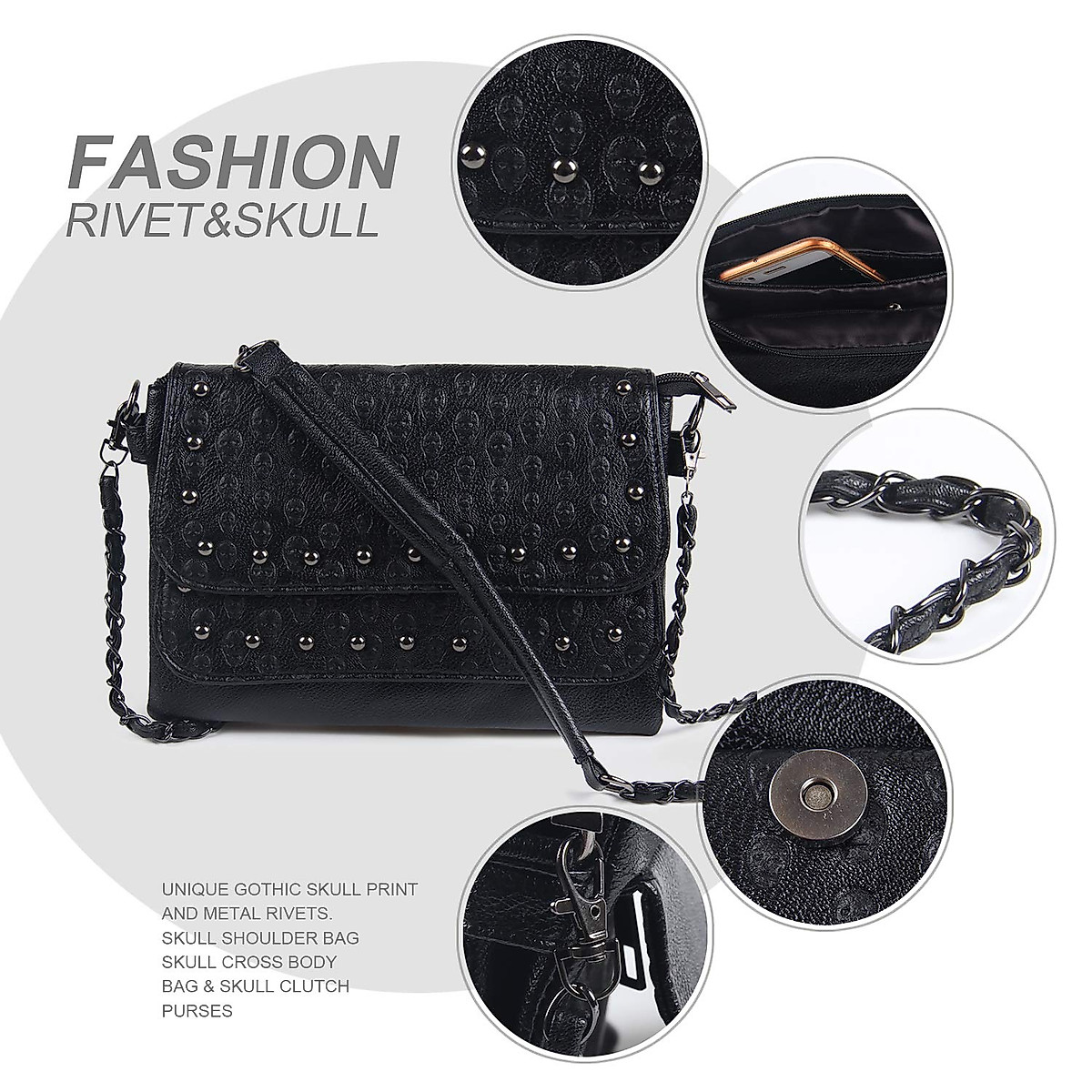 Freie Liebe Women Classic Black Skull Cross Body Bag Vintage Clutch Purse Shoulder Bag