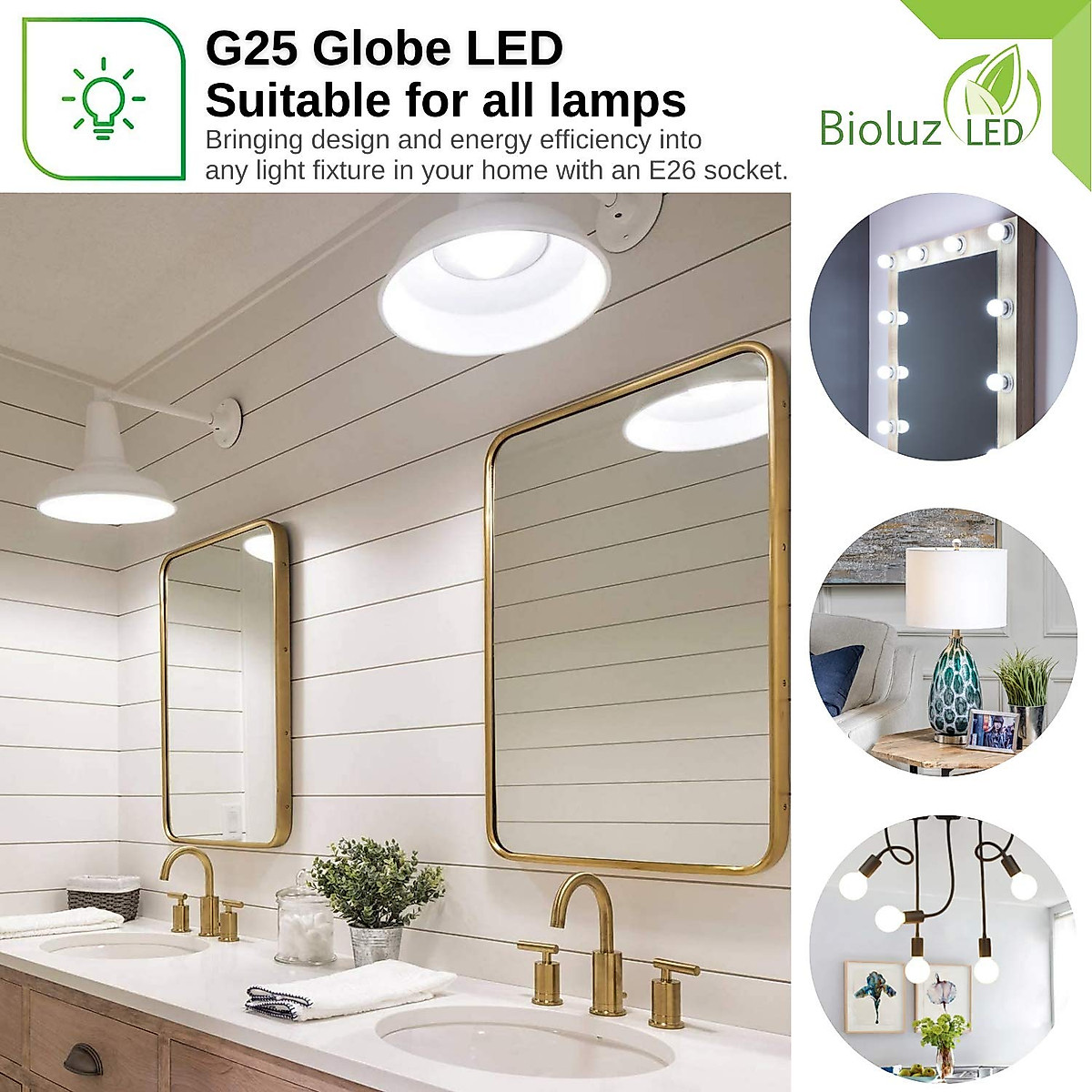 6 Pack Bioluz Dimmable Globe LED G25 Bulbs, 40 Watt Replacement (Uses 6 Watts), Warm White (2700K), 450 Lumens UL Listed - Dimming Light Bulbs for Bathroom, Soft White LED Filament Lights