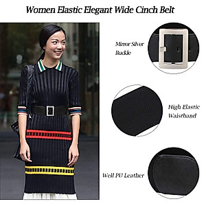 SUOSDEY Wide Elastic Belt for Women, Stretch Cinch Waist Belt for Ladies Dresses with Metal Buckle,black belt with silver buckle