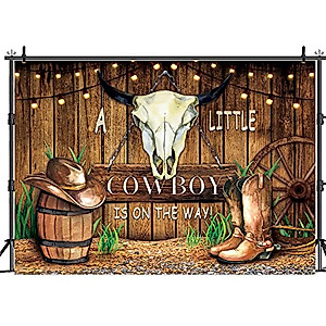 LIGHTINHOME Cowboy Baby Shower Backdrop 7Wx5H Feet for Rustic Wooden Pattern Cowboy Western Hat A Little Cowboy is On The Way Photography Background Decorations Photo Booth Studio Prop Fabric