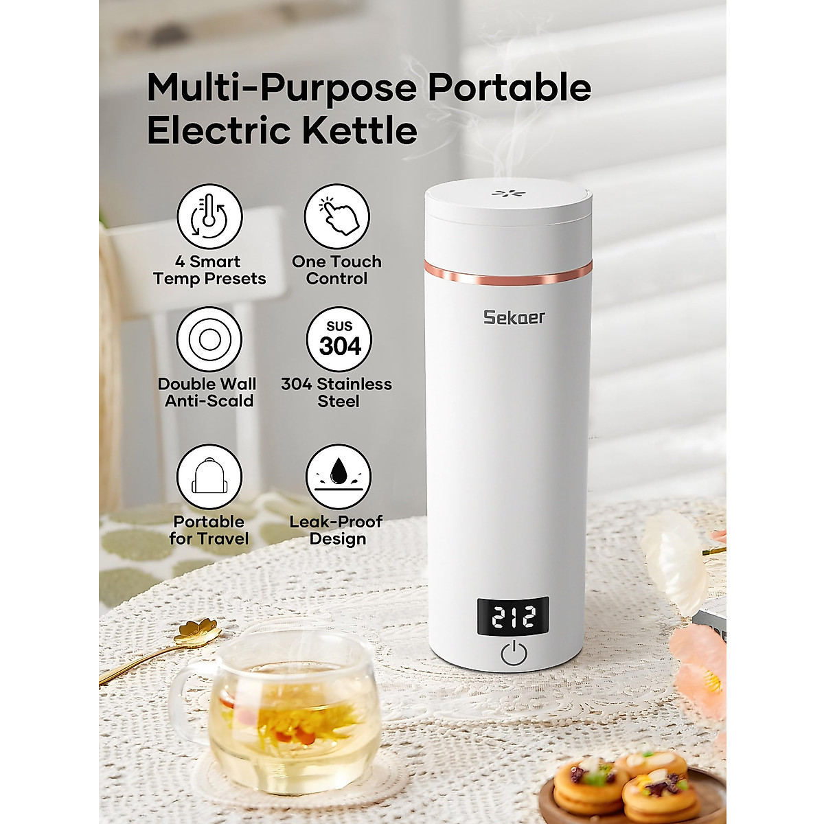 Sekaer Travel Portable Electric Kettle, Small Tea Kettle Coffee Mini Hot Water Boiler, 400mL & 304 Stainless Steel, with 4 Variable Presets and Auto Shut-Off SKE-840W