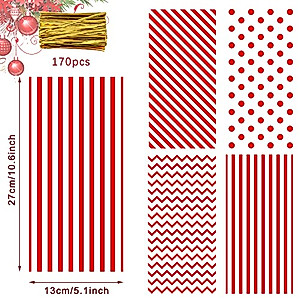 Whaline 160Pcs Christmas Cellophane Treat Bags Red Stripe Wave Dot Clear Cello Candy Bags with 170Pcs Twist Ties Cookie Goody Snack Packing Plastic Gift Bags for Valentine Party Favor Supplies