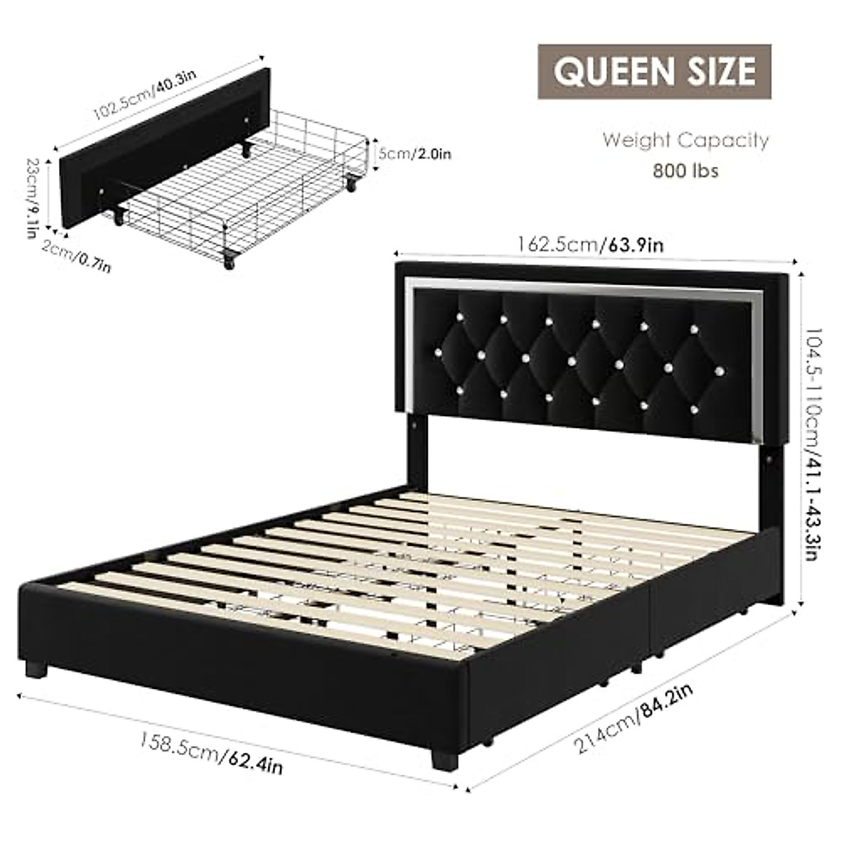 HITHOS Queen Size Bed Frame with 4 Storage Drawers and Adjustable Headboard, Modern Upholstered Platform Bed with Wood Slat Support, Diamond Button Tufted Design, No Box Spring Needed (Black, Queen)