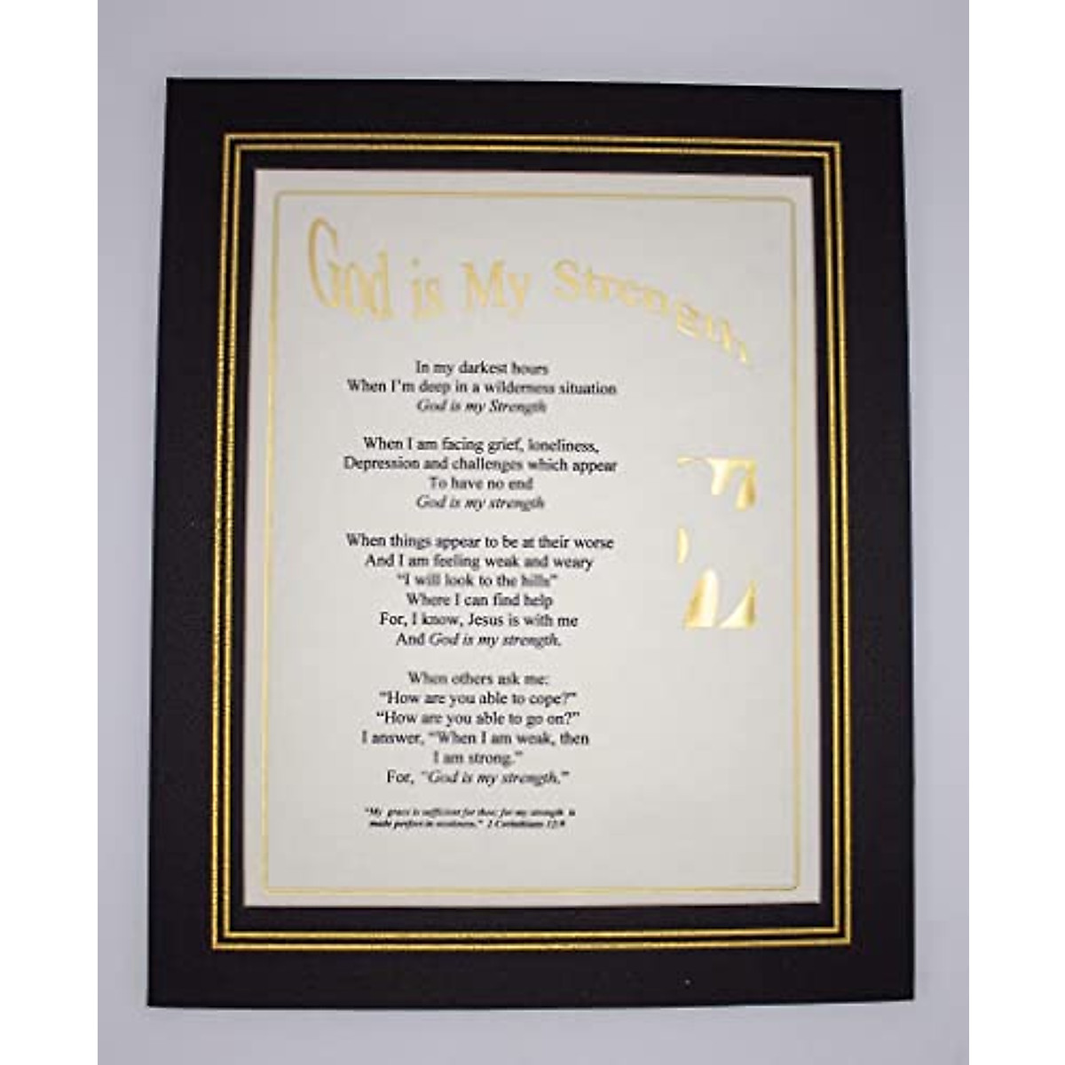 God Is My Strength, Christian Poem in Vegan Leather Frame with Built-in Easel & Hanger, Uplift Yourself or Gift to Others. For Home-Office-Dorm (Size 10 3/4 x 13 x 1/4 Inches)