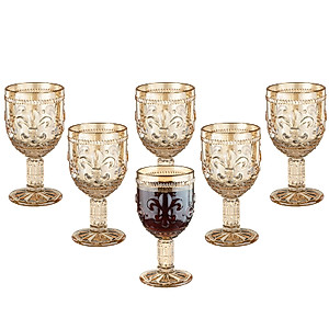 Vintage Wine Glasses Set of 6, 10 OZ Colored Glass Water Goblets, Unique Embossed Pattern High Clear Stemmed Glassware Wedding Party Bar Drinking Cups Golden Amber 6 Pack