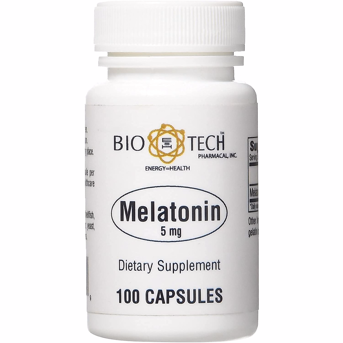 Bio-Tech Pharmacal Melatonin (5 mg), 100 Capsules – All-Natural Supplement – Support Sleep, Cardiovascular, Immune, & Bone Health – No Dairy, Fish, Gluten, Peanut, Shellfish, GMOS, & Soy – No