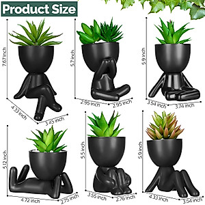 6 Pcs Cute Artificial Succulent Plants Mini Fake Succulent Ceramic Succulent Planters with Creative Human Shaped Pots Decorative Pots Mini Potted Succulents Decor for Office Home Decor (Black, Cute)