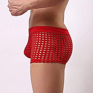 Men Boxer Briefs Round Hole Hollow Stretch Pouch Breathable Quick-Dry Sexy Underwear Mid Waist Fashion Trunks Underpants Red