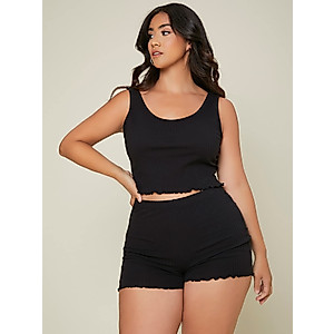 Floerns Women's Plus Size Rib Knit Crop Tank Top and Shorts Pj Set Sleepwear Black 1XL