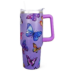 ZNYYZYBA 40 oz Tumbler with Handle and Straw, 40oz Butterfly Tumbler with Leak Proof Lid, Reusable Stainless Steel Insulated Travel Coffee Mug, Butterfly Gifts for Women