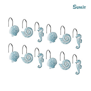 Sunlit 12-Piece Aqua Blue Resin Shower Curtain Hooks, Ocean Creatures Coastal Design, Nautical Bathroom Decoration