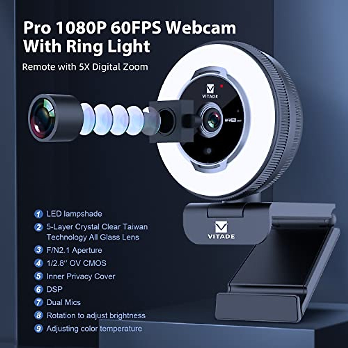 VITADE Zoomable Webcam with Remote Control, 1080P 60FPS Streaming Webcam with Adjustable Ring Light and Tripod, Pro USB 5X Digital Zoom Webcam for Zoom/Skype Teams/Laptop/Mac Windows