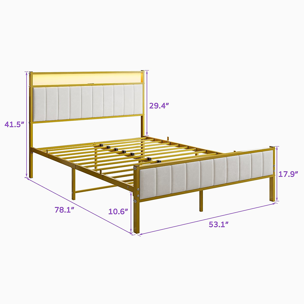 Full Size Bed Frame with Headboard & LED Lights,Upholstered Platform Bed Frame Full Size with Charging Station,Heavy Duty Velvet Bed Frame,No Box Spring Need,Noise Free,Easy Assembly,White