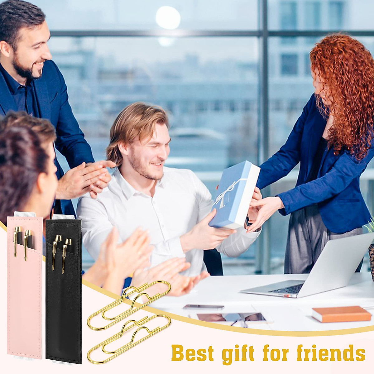 WSICSE 4Pcs Pen Holder for Notebook Set Include PU Leather Pen Holder with Adjustable Elastic Band and Metal Pen Clips for Notebooks, Journals, Planners