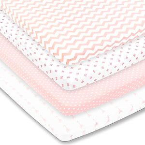 Baebae Pack n Play Playard Sheet Set for GIRLS | Portable Mini Crib Fitted Sheets | PINK & WHITE | 100% Jersey Knit Cotton | 150 GSM | 3 Pack
