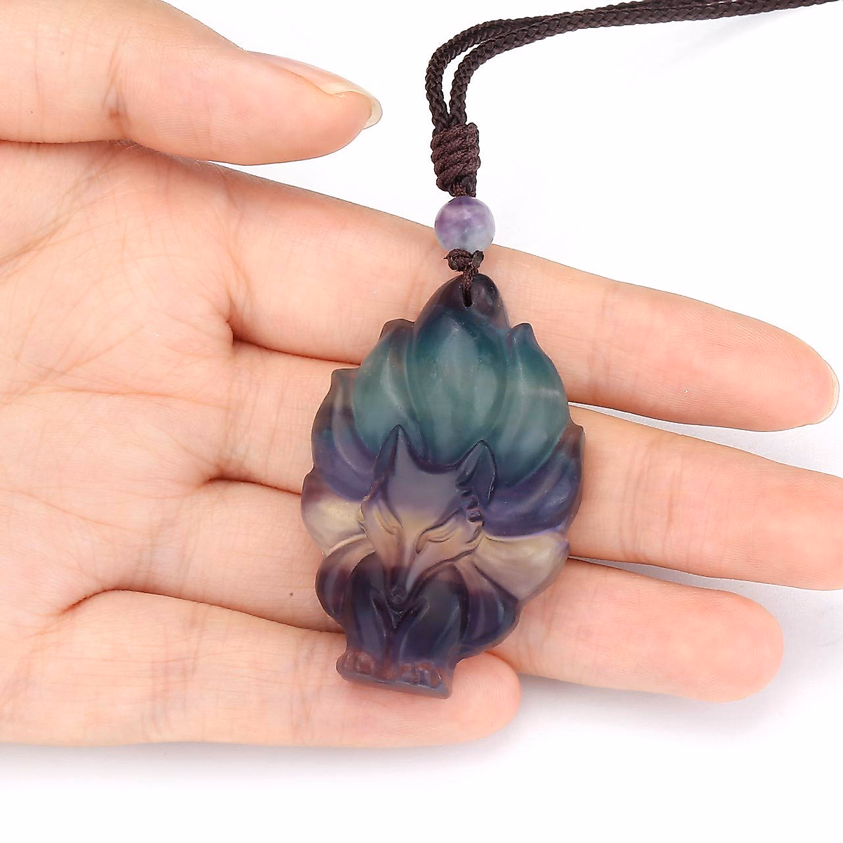 Jovivi Natural Fluorite Nine-Tailed Fox Crystal Necklace Healing Stones Gemstone Necklaces Pendant Protection Amulet Charm