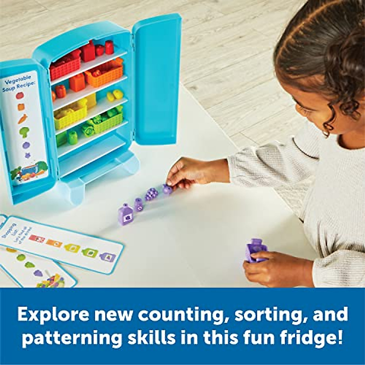 Learning Resources Sorting Snacks Mini Fridge ,51 Pieces, Ages 3+, Toddler Toys, Educational Toys, Snack Toys,Plastic Food Toys,Kids Kitchen Accessories