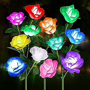 BASUDIO Solar Garden Lights, 7 Color Changing Solar Rose Garden Decorations, 3 Pack Solar Outdoor Lights Decorative Flower Waterproof for Outside Yard Flowerbed Pathway Christamas Gift