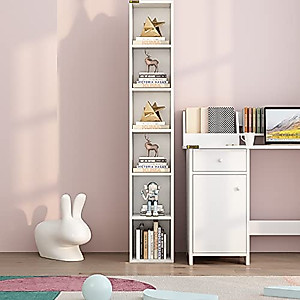 ALISENED 68.5" Tall Narrow Bookshelf, 6 Shelf Wooden Corner Bookcase, Modern Skinny Cubes Storage Organizer Display Shelving for Bedroom, Library, Living Room, Home, Office, White