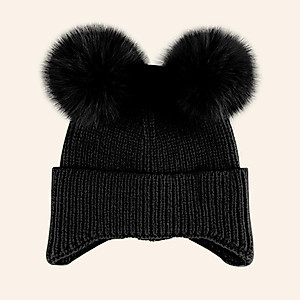 C.C Baby Earflap Double Fur Pom Pom Beanie Black
