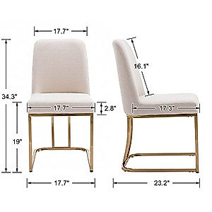 HNY Mid Century Modern Dining Room Chairs Set of 2, Linen Upholstered Fabric Chairs for Dining Room, with Golden Finish Metal Frame, Cream, Cream-linen, 17.7D x 23.2W x 34.3H in
