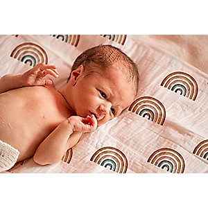 Miaoberry Organic Muslin Baby Swaddle Blanket and Hat Set Newborn Unisex Neutral Boy Girl| Boho Rainbow |Photo Props Birth Announcement Card