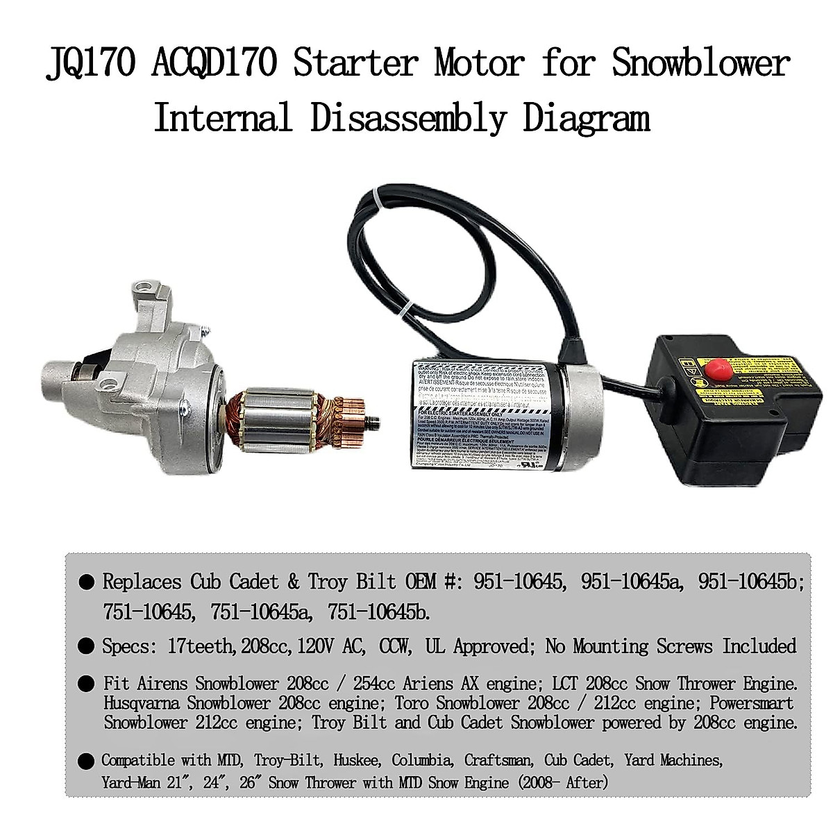 Tinsaen 951-10645 Electric Starter Motor JQ170 Replacement 751-10645 for Troy-Bilt MTD Cub Cadet Craftsman 951-10645A 751-10645A Snowblower Snow Thrower,17T 120V 208cc