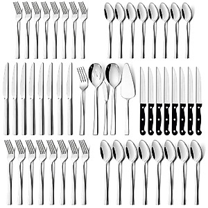 HaWare 53-Piece Silverware Set with Steak Knives, Stainless Steel Sturdy Flatware Serving Utensils, Modern Design Cutlery Tableware for Home Holiday Gift, Dishwasher Safe-Servive for 8