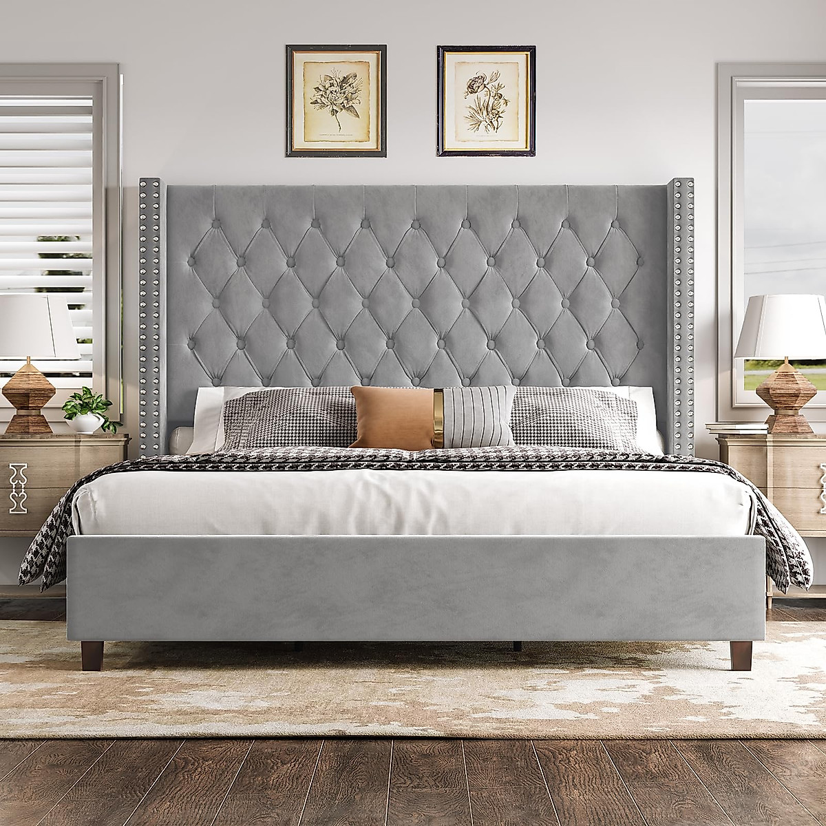 PaPaJet King Size Bed Frame 61.4" Tall Headboard Upholstered Velvet Platform Bed with Handmade Deep Button Tufted/No Box Spring Required/Grey