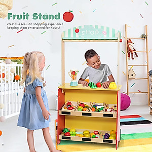 Rundad Wooden Puppet Theater Bonus 2 Hand Puppet, Double-Sided Lemonade Stand & Puppet Show Theater for Kids, Wood Deluxe Children Puppet Theatre Toy with Chalkboard