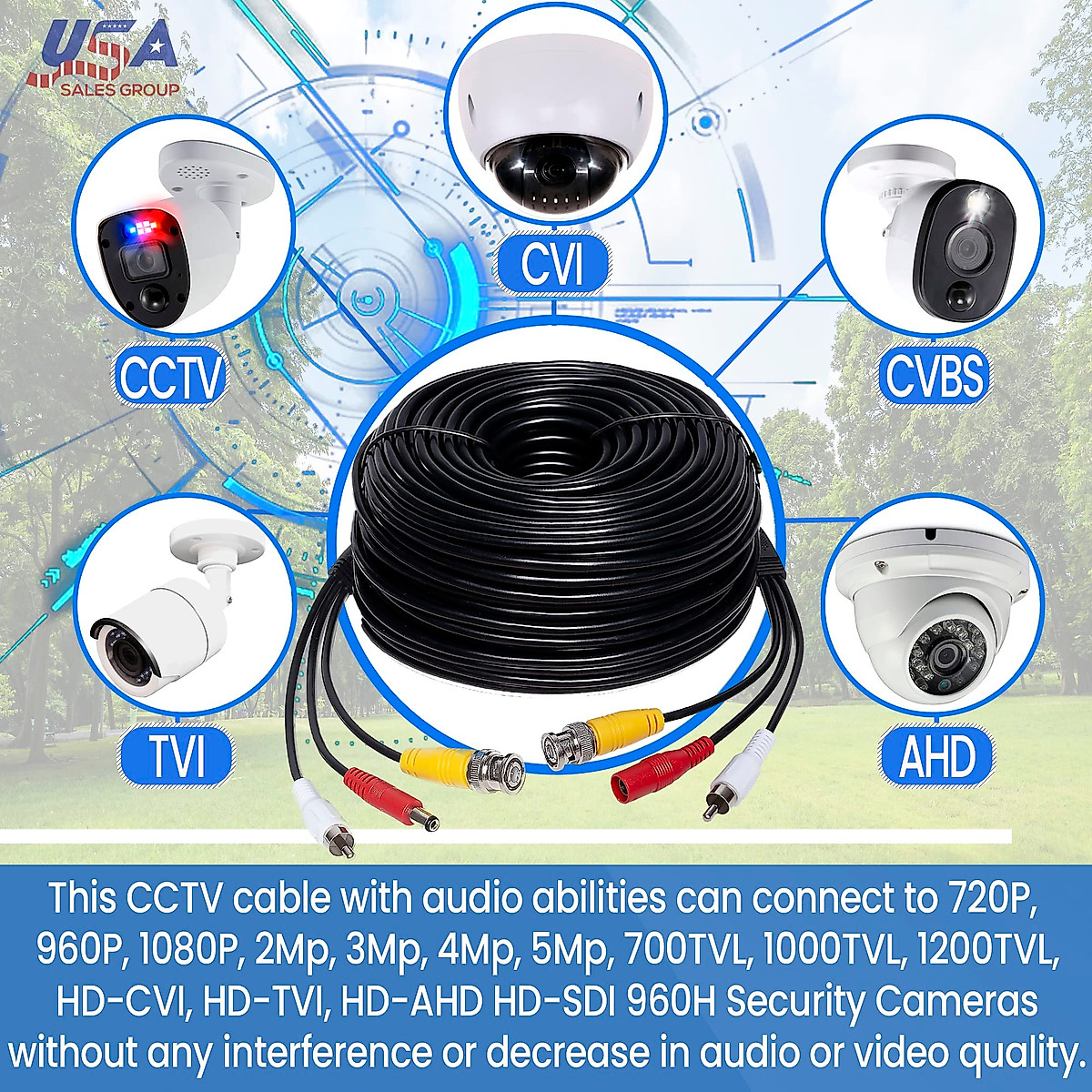 USA Sales Group 100ft HD Audio Video Power Security Camera Cable Copper for CCTV DVR Surveillance System, Wire RCA Cord Extension- Gift BNC Connectors- 30 m 3-in-1 Pre-Made All-in-One