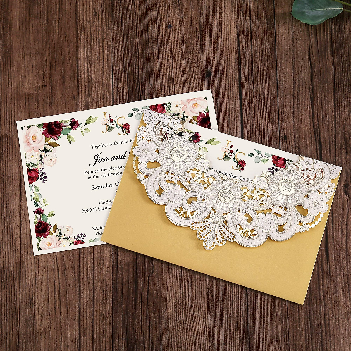 DORIS HOME 50pcs Gold BLANK Laser Cut Flora Lace invitation Cards with Envelopes for Wedding Invitations, Bridal Shower, Engagement, Birthday, Bachelorette Party, Baby Shower