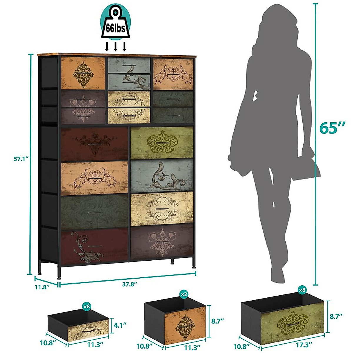 VASICAR Dresser for Bedroom with 18 Drawers, Tall Fabric Storage Dresser, Chest of Drawers for Closet, Nursery, Bedside, Living Room, Laundry, Entryway, Hallway (Pattern)