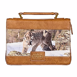 Christian Art Gifts Classic Faux Leather Bible Cover: Be Strong and Courageous - Joshua 1:9 Inspirational Bible Verse with Mountain Lion, Toffee Brown, Medium