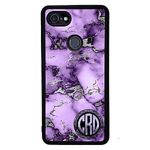 Purple and Silver Marble Monogram Black Rubber Phone Case Compatible With Google Pixel 8 Pro, 8a, 8, 7a, 7, Pixel 7 Pro, 6a, Pixel 6 Pro, 6, 5, 4a 5G, 4a 4G, 4, 4 XL, 3a, 3a XL, 3, 3 XL, 2 XL, 2