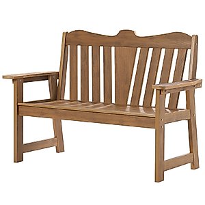 ONBRILL Outdoor Bench, 2-Person Weatherproof Garden Bench with Wide Armrests and Backrest, All-Weather Patio Bench Will not Rot and Fade for Garden, Porch, Backyard and Park, Easy Installation, Teak