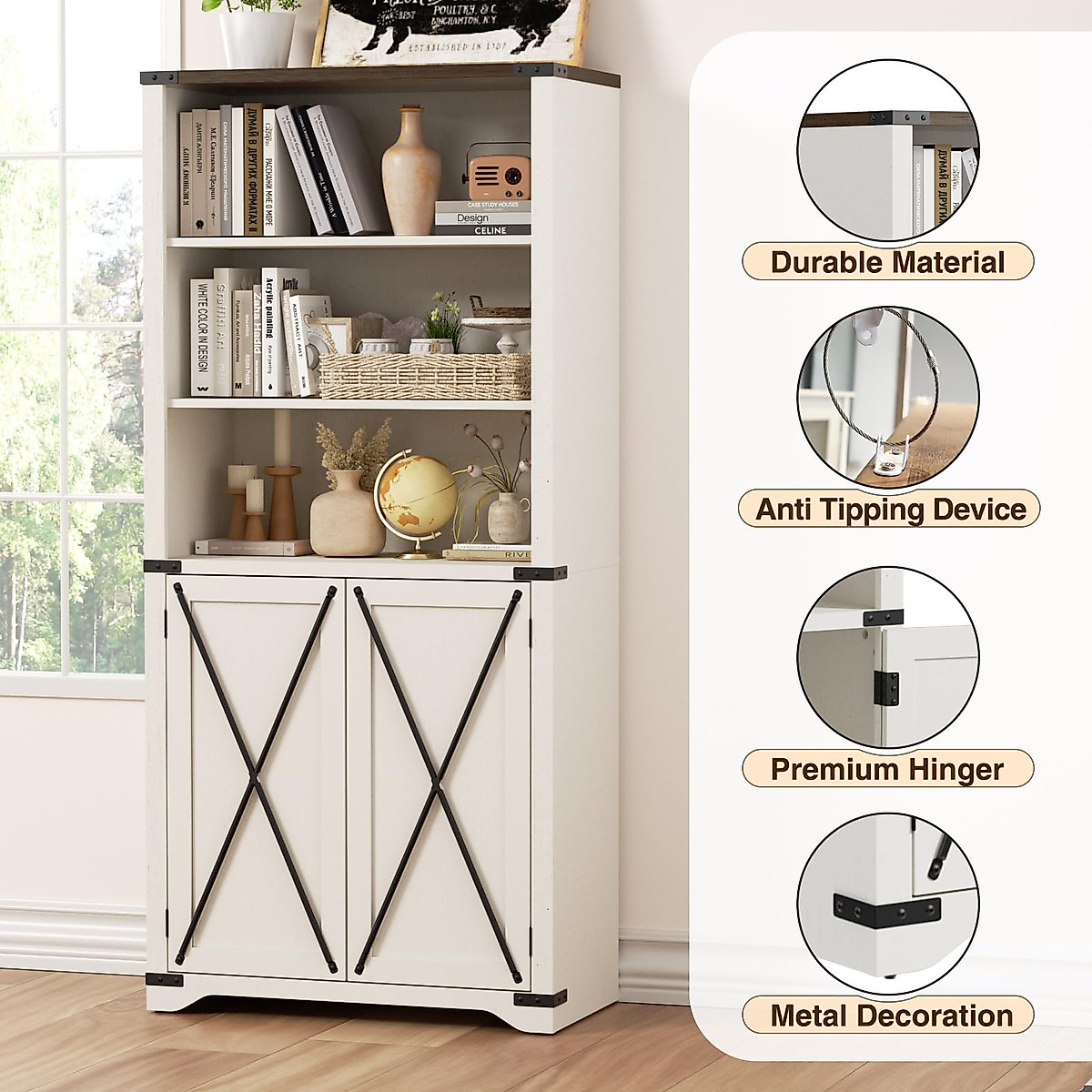 Farmhouse Bookshelves and Bookcases with Doors, Antique White Tall Bookshelf with Storage Cabinet, Kitchen Pantry Bathroom Organizer, 5-Tier Country Rustic Display Rack for Living Room, Home, Office